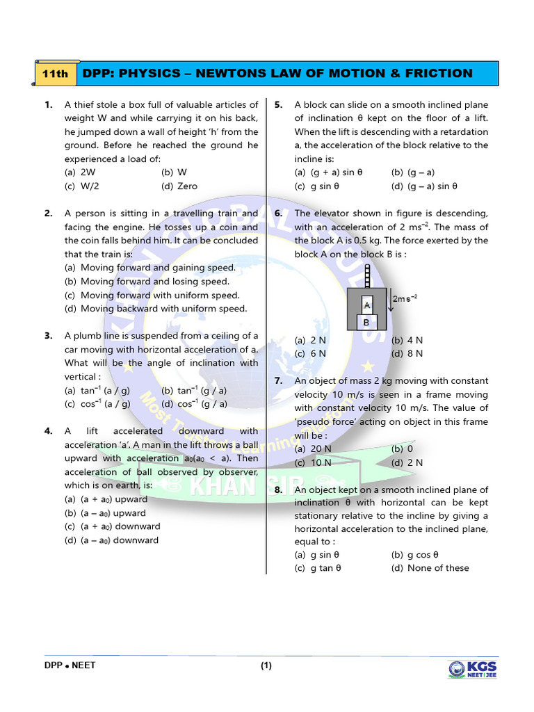 NEET Physics: Newton's Laws Quiz | PDF | Acceleration | Lift (Force)