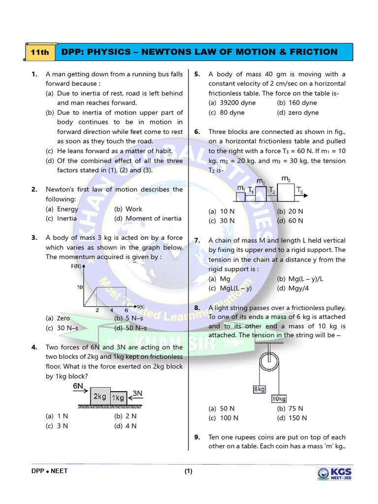 Newton's Laws of Motion - DPP 1 - 6204431003 | PDF | Force | Tension (Physics)