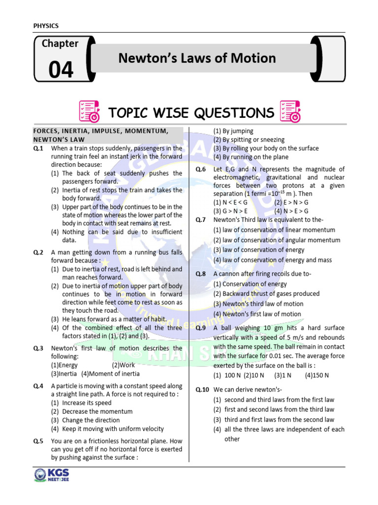 Newtons Law of Motion (Topic Wise Questions) 0 - 6204431003 | PDF ...
