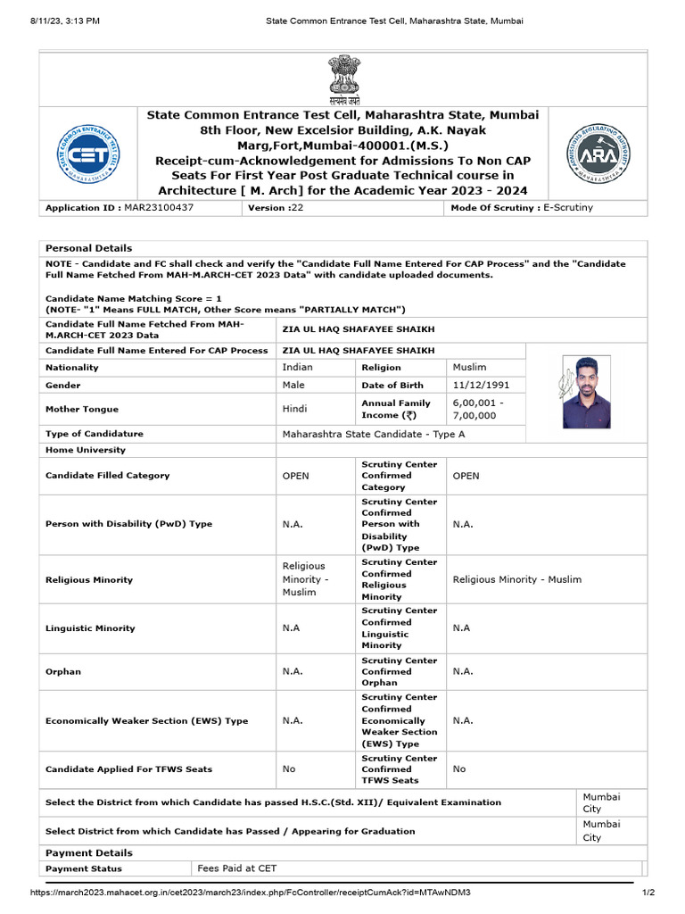 CET Acknowledgement for M. Arch Admission | PDF | Vocational Education | Educational Stages