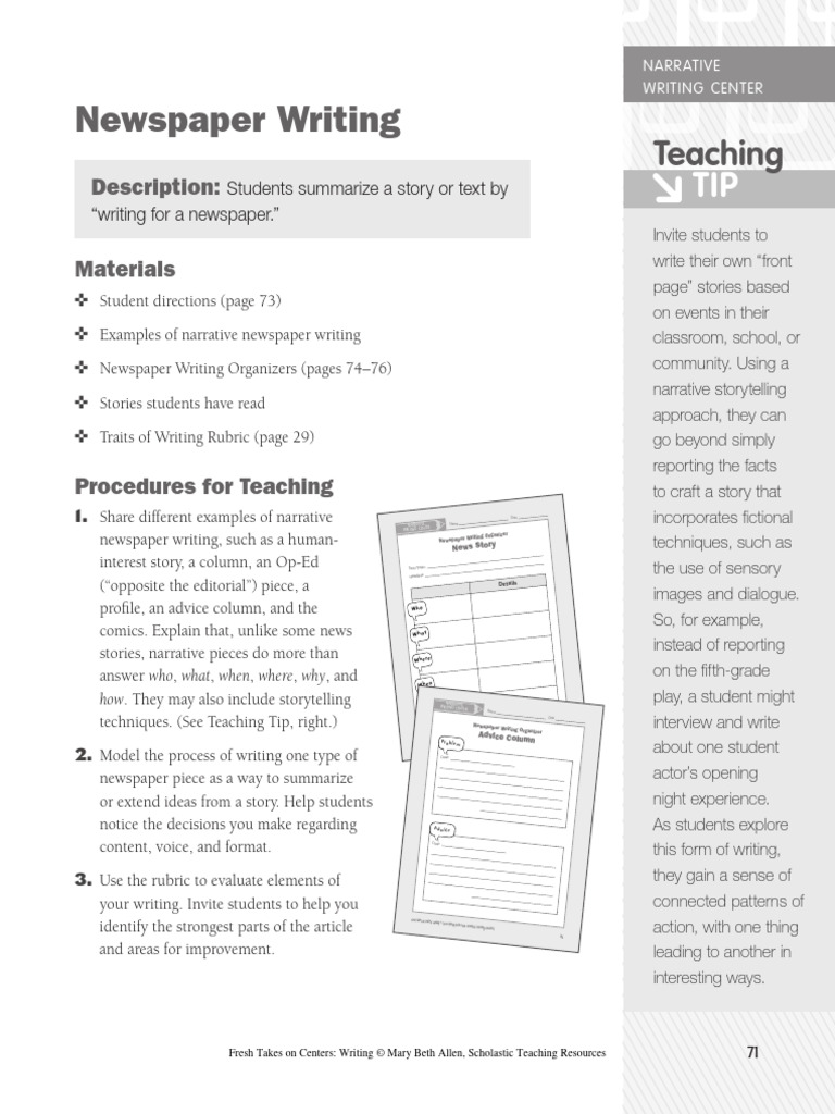 3-5 - Newspaper Writing - Narrative Learning Center | PDF | Cognitive ...