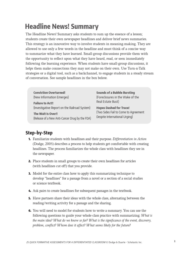 g3-8 - Headline News! Summary - Formative Assessment | PDF | News ...
