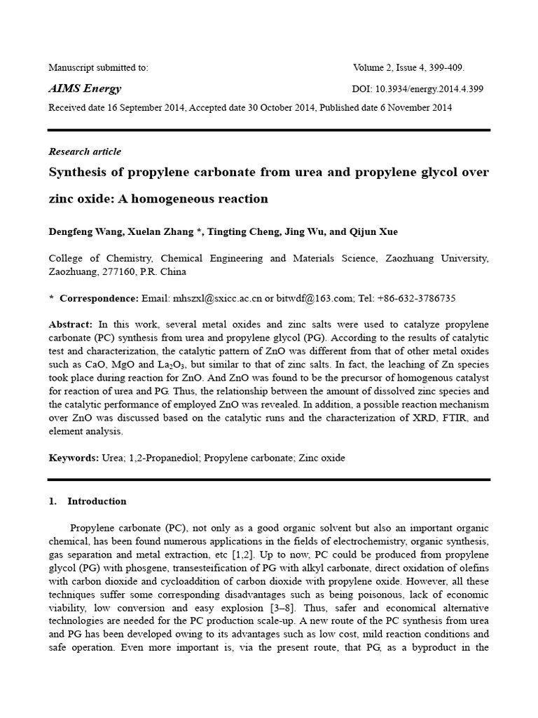 Propylene Carbonate from Urea & Propylene Glycol | PDF | Catalysis | Zinc Oxide
