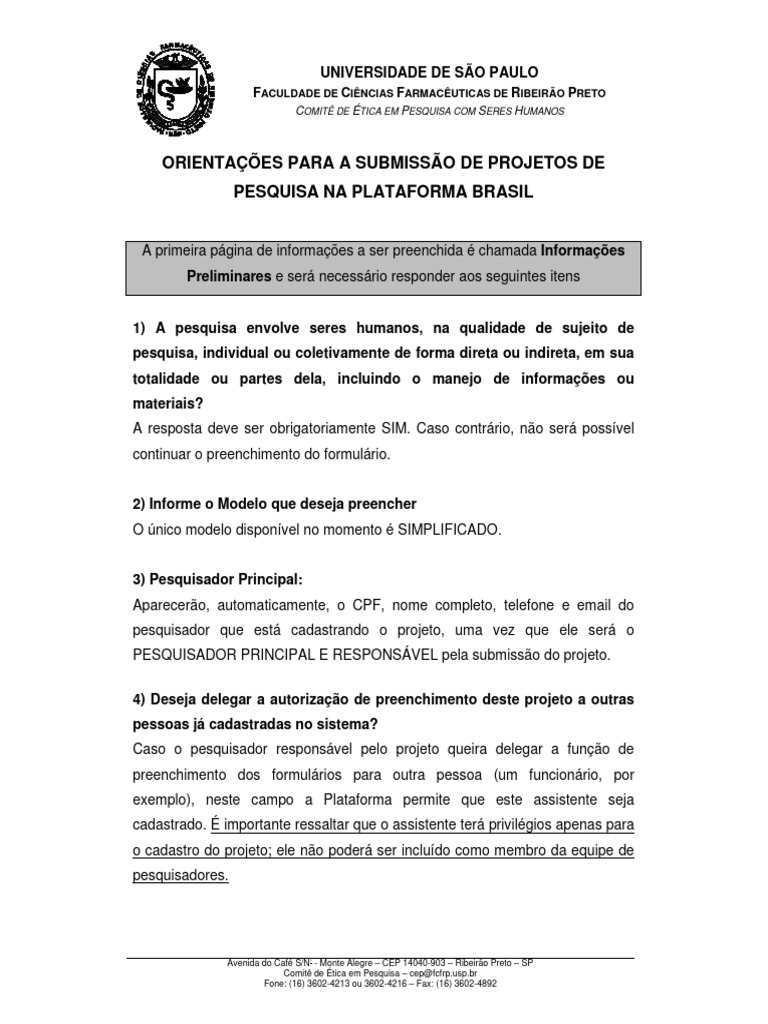 Guia para Submissão de Projetos Na Plataforma Brasil FCFRP | PDF ...