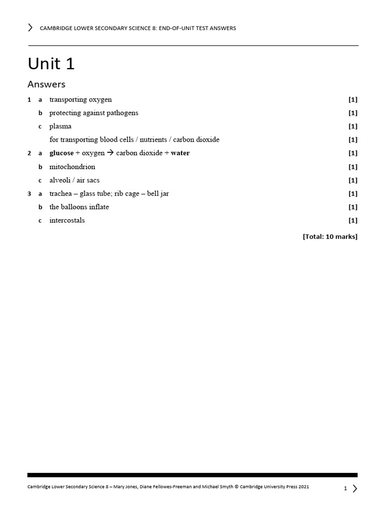Cambridge Lower Secondary Science Stage 8 End of Unit Test Answer Key ...