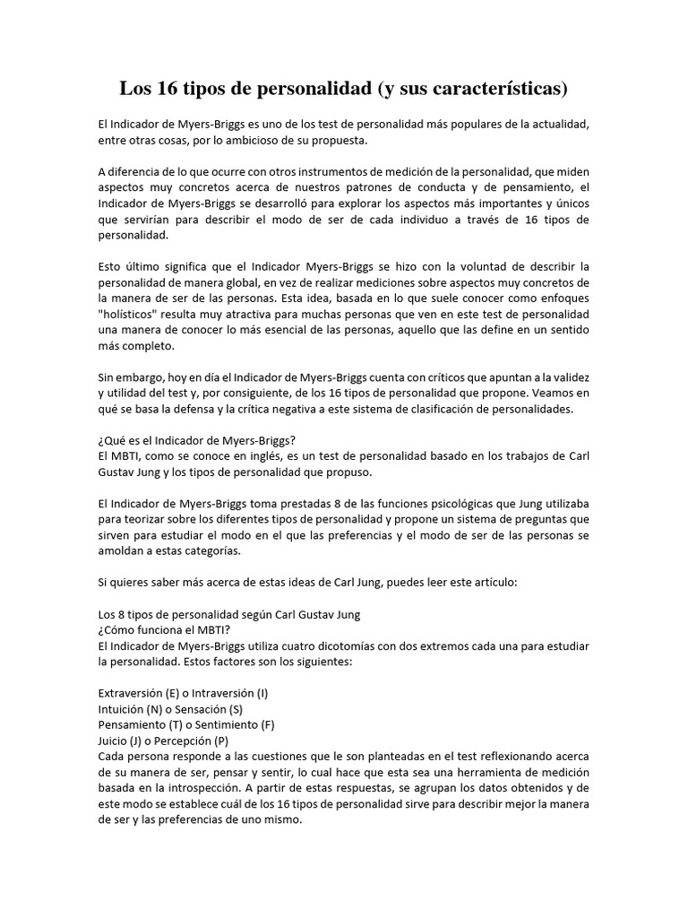 16 Tipos de Personalidad MBTI | PDF | Pensamiento | Sicología