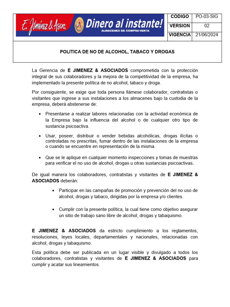 Po-03-Sig Politica de No Alcohol, Tabaco y Drogas | PDF | Drogas