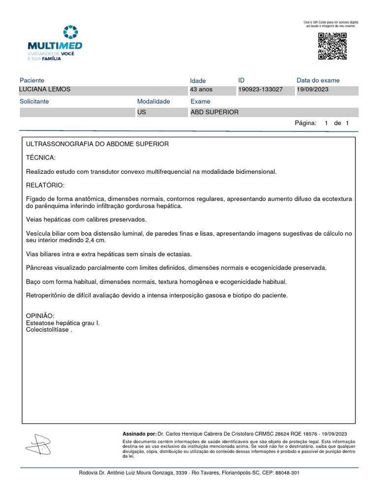 Ultrassonografia Abdome Superior: Laudo | PDF | Fígado | Sistema exócrino
