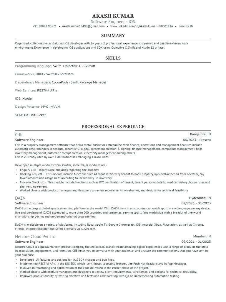 Akash Kumar Resume | PDF | Swift (Programming Language) | Ios