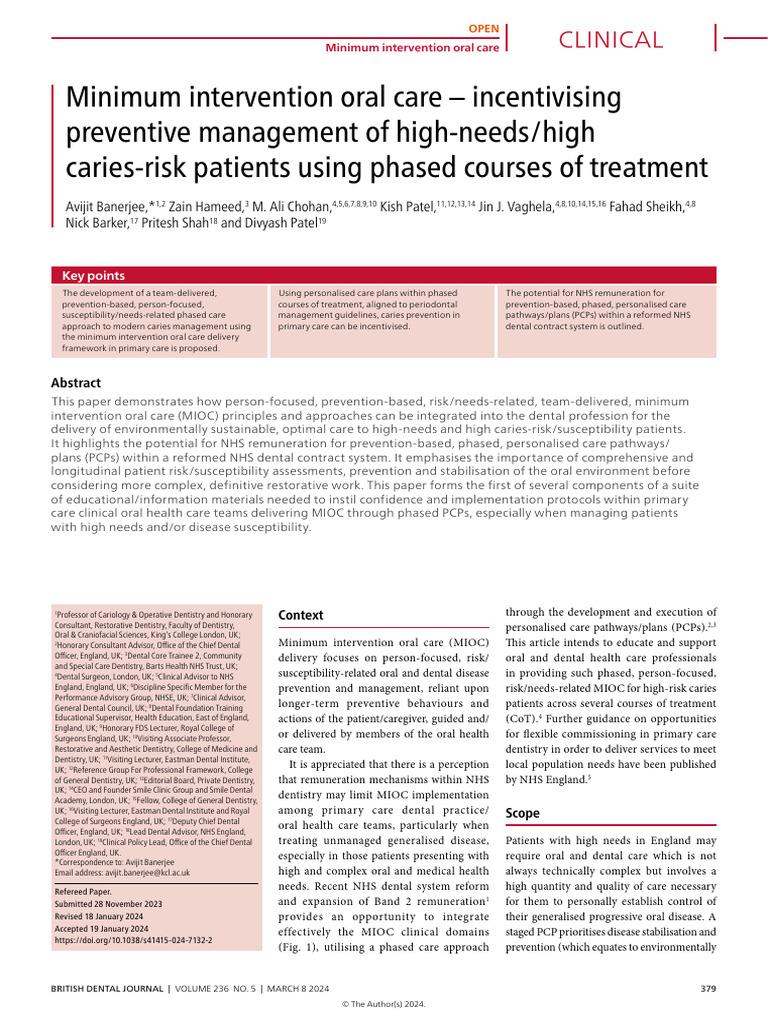 Minimum Intervention Oral Care - Incentivising Preventive Management of ...