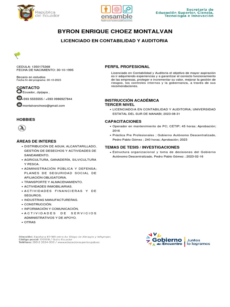 CV - Byron Choez | PDF | Auditoría | Economias