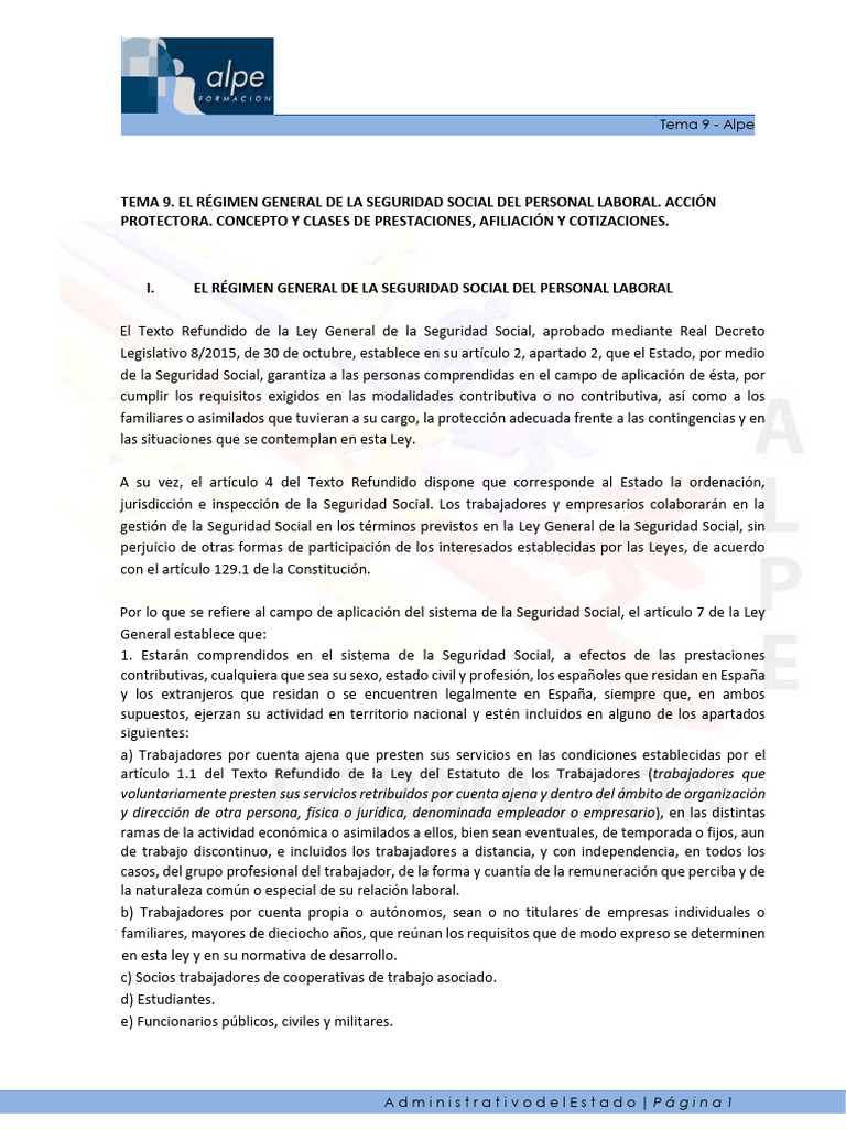 Tema 9. El Rã Gimen de La Seguridad Social | PDF | Derecho laboral | Salario