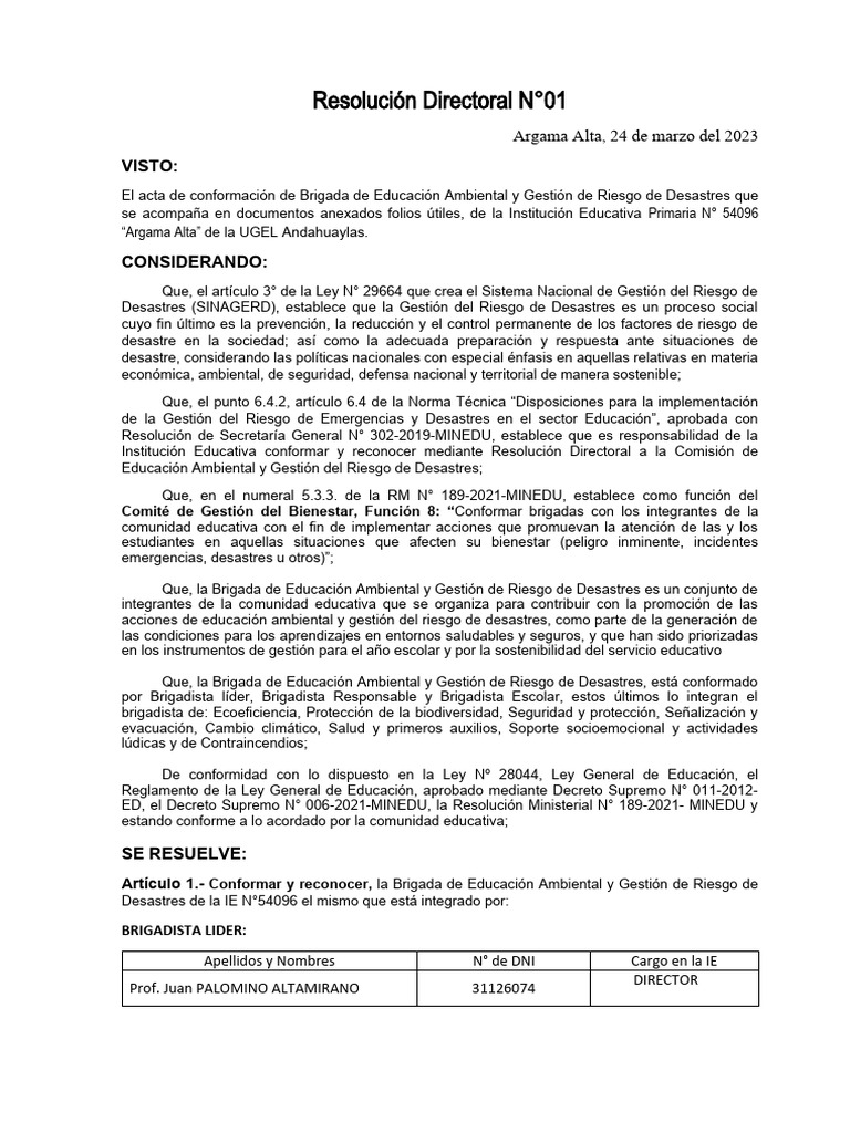 RD - Brigada de EA y GRD (MODELO) | PDF | Reducción de Desastres | Entorno natural