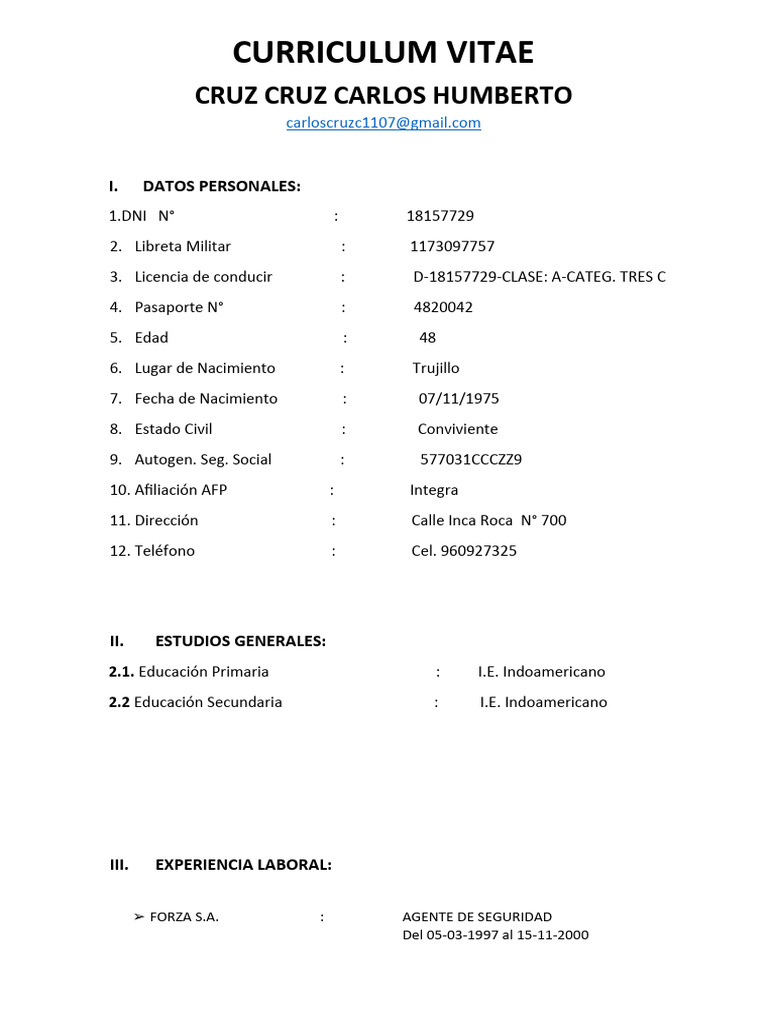 CV Carlos Cruz Cruz 2023 Volquete 2024 | PDF