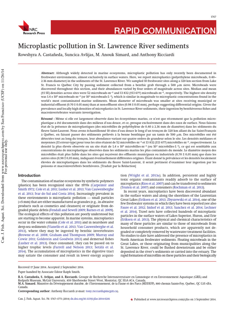 Microplastic Pollution in St. Lawrence River Sediments | PDF | Earth ...