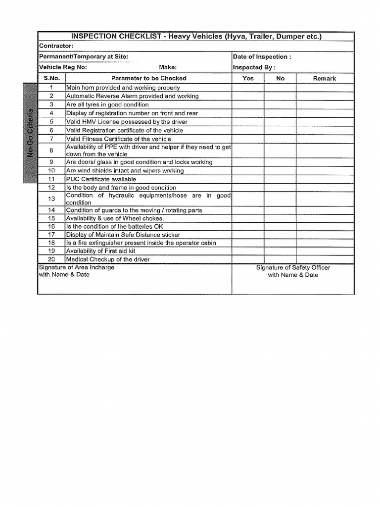 Vehicle Checklist HEMM Excavator Wheel Loader V1 | PDF