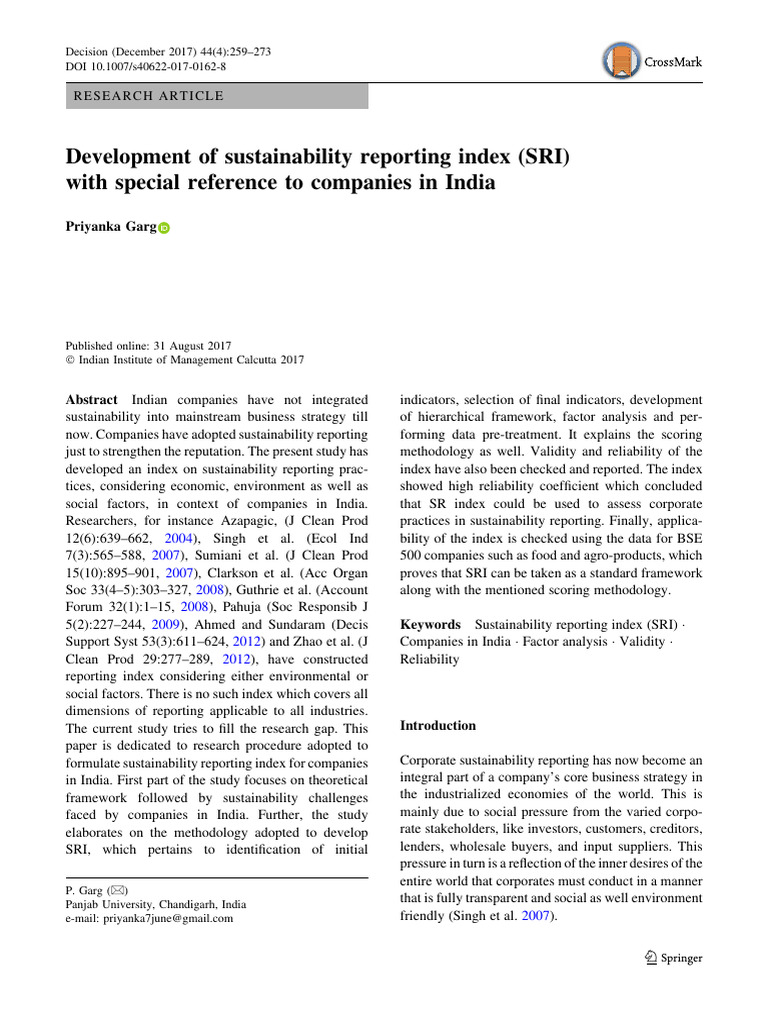 SUSTAINABILITY INDEX Development of Sustainability Reporting Index (SRI ...