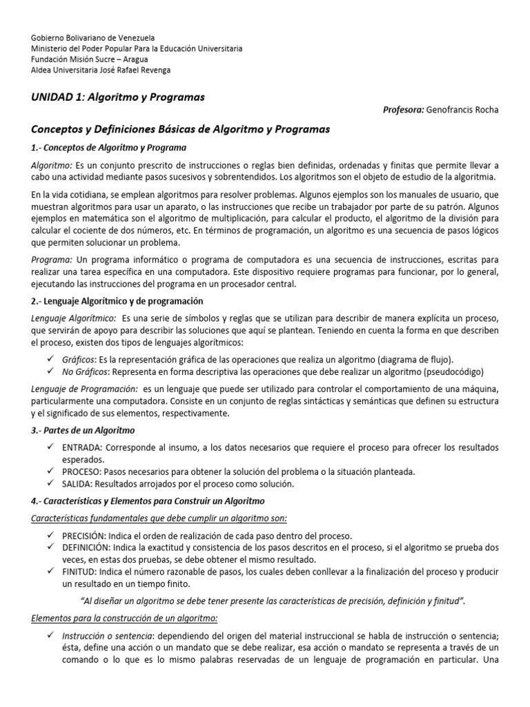 UNIDAD 1 Algoritmo y Programas | PDF | Algoritmos | Lenguaje de programación