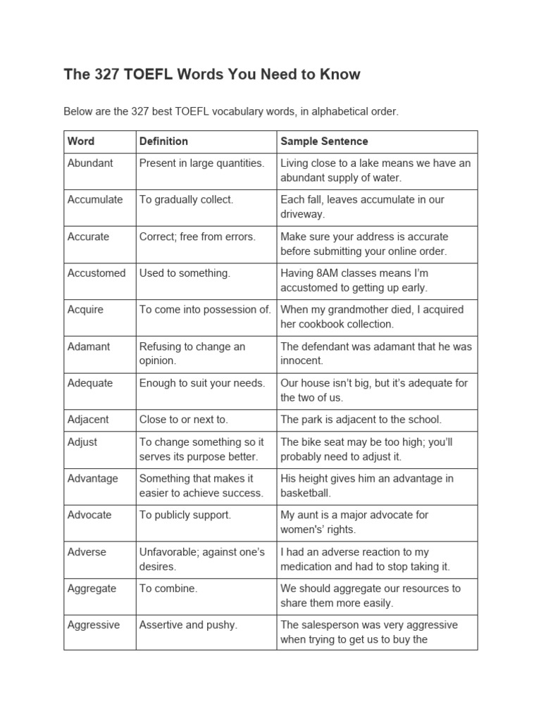 Essential TOEFL Vocabulary | PDF