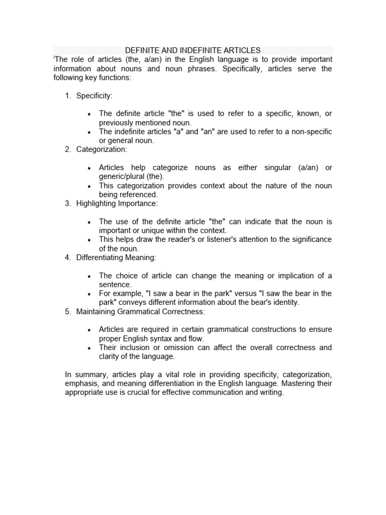 Definite and Indefinite Articles | PDF | Noun | Pronoun