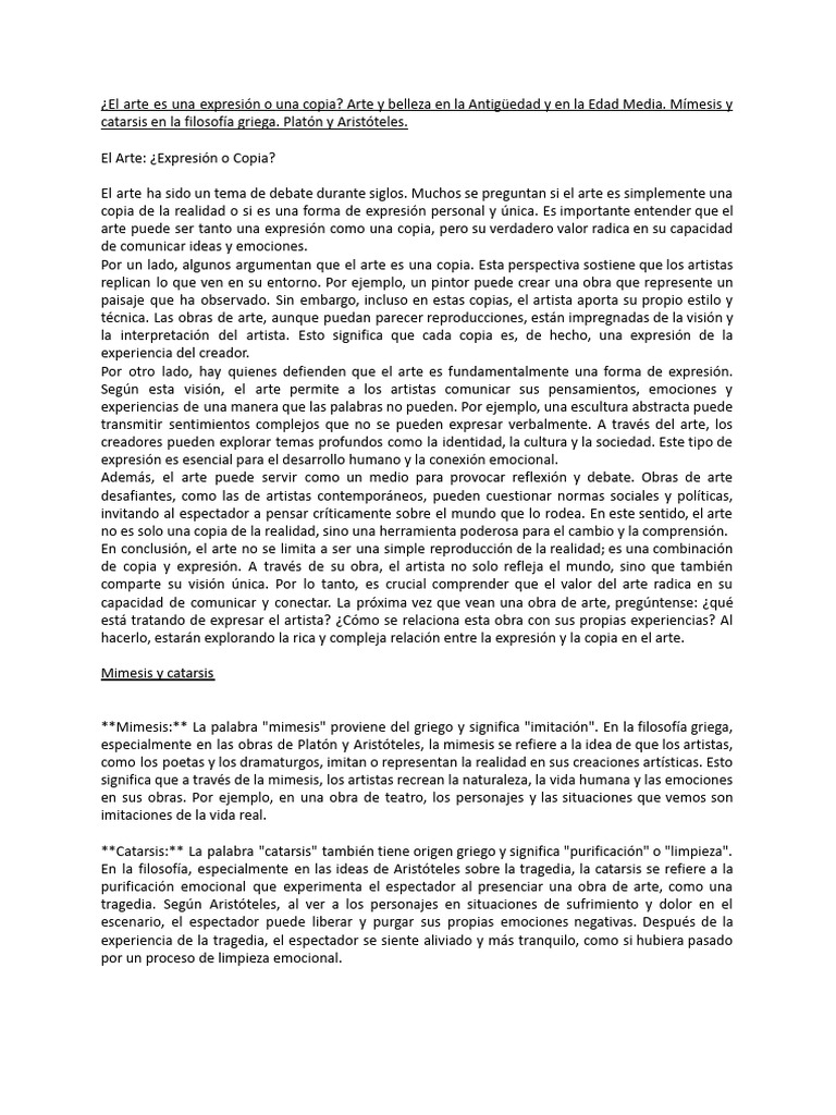 Arte Como Copia. Mimesis y Catarsis | PDF | Aristóteles | Platón