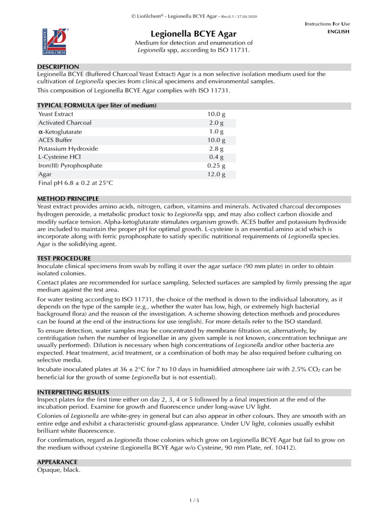 Legionella BCYE-Buffered Charcoal Yeast Extract (Liofilchem) | PDF ...