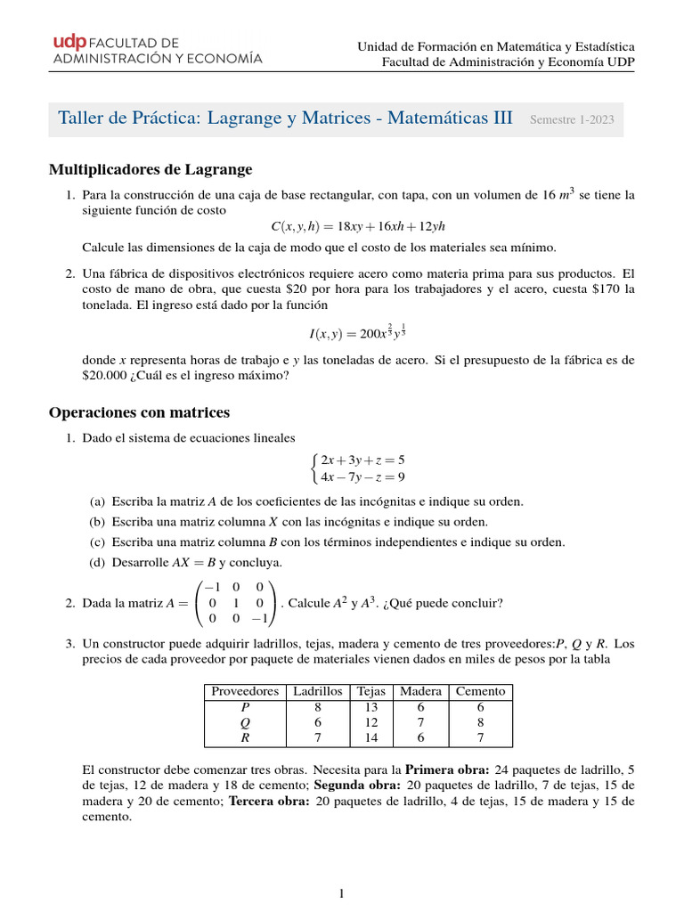 Taller Lagrange y Matrices | PDF | Matriz (Matemáticas) | Ladrillo