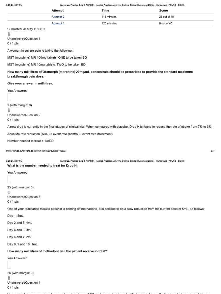 Numeracy Practice Quiz 2 - PHAM01 - Applied Practice - Achieving ...