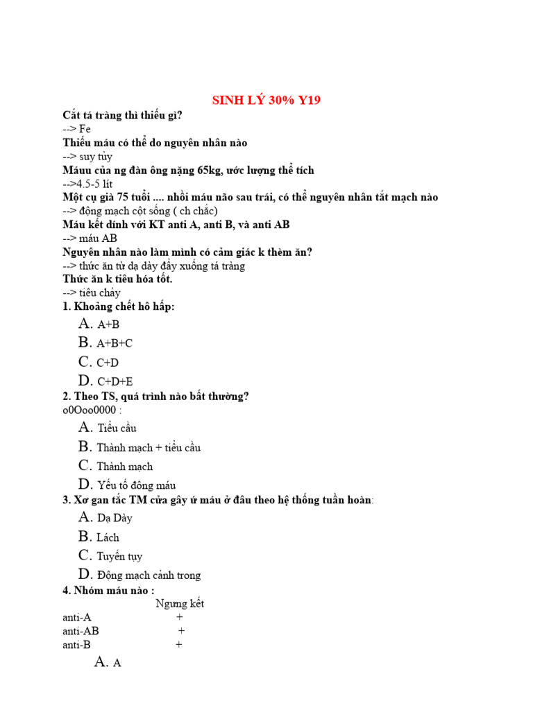 A. B. C. D. A. B. C. D. A. B. C. D.: Sinh Lý 30% Y19 | PDF