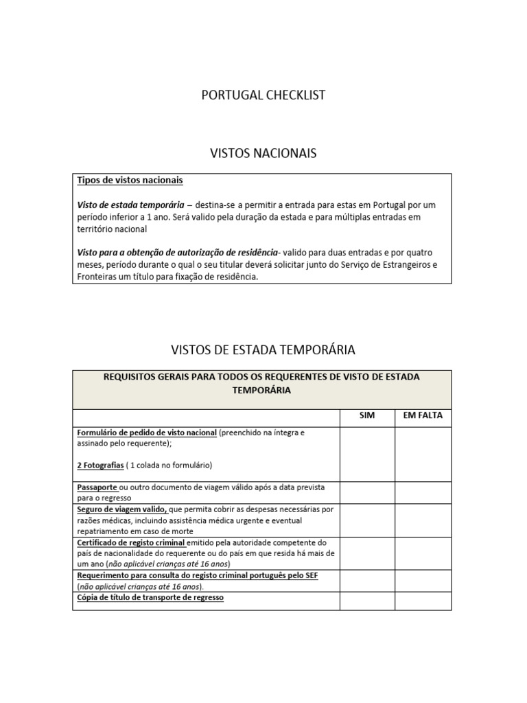 Portugal Checklist National Visa Porutgese | PDF | Visto para viagem ...
