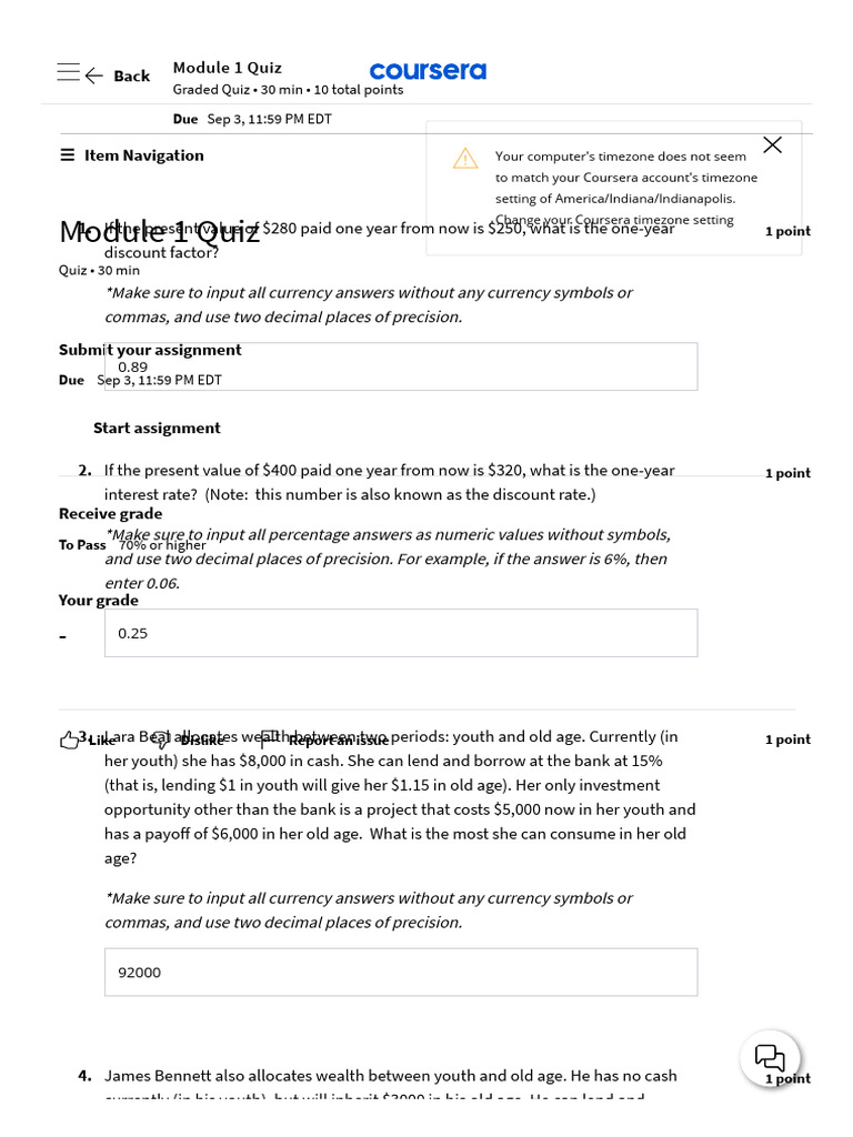 Module 1 Quiz - Coursera | PDF | Discounting | Interest Rates
