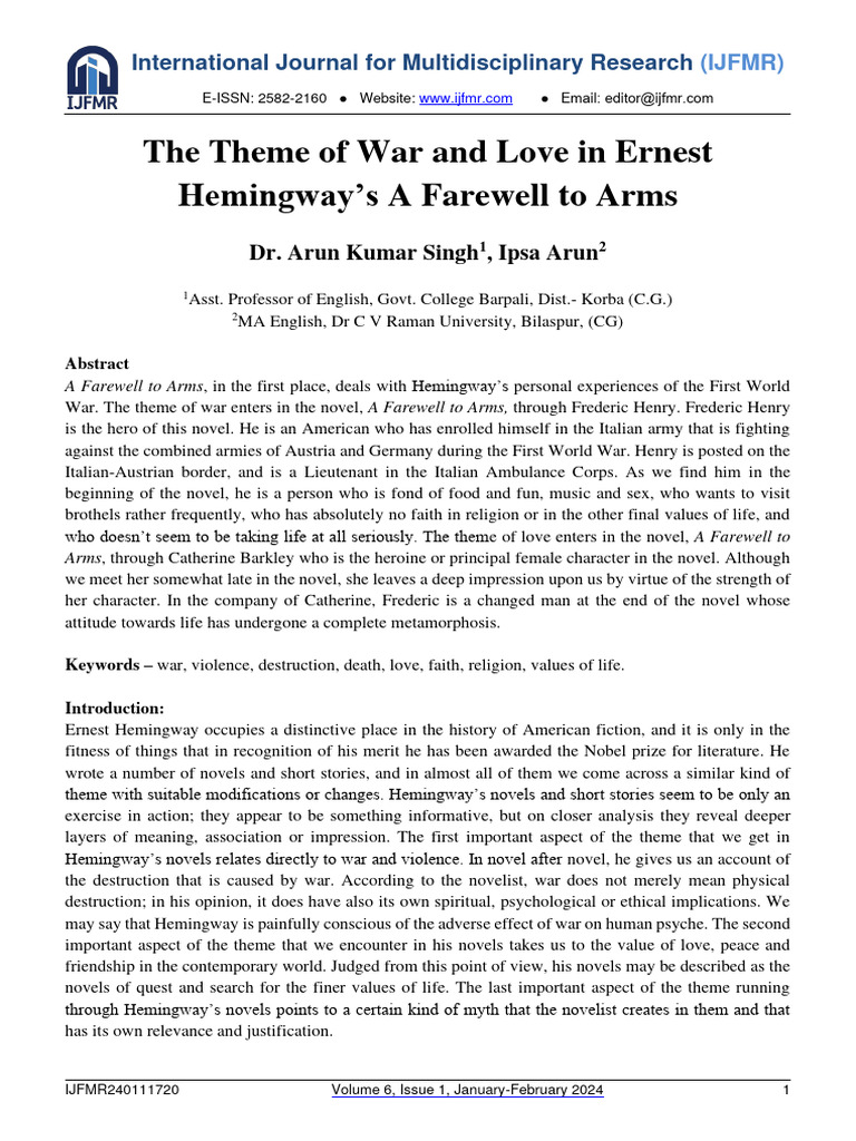 The Theme of War and Love in Ernest Hemingway's A Farewell To Arms ...