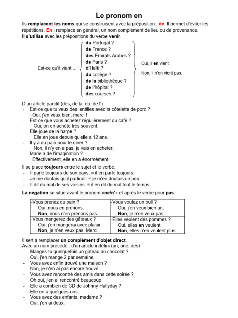 Utilisation du pronom "en" en français | PDF | Pronom | Linguistique