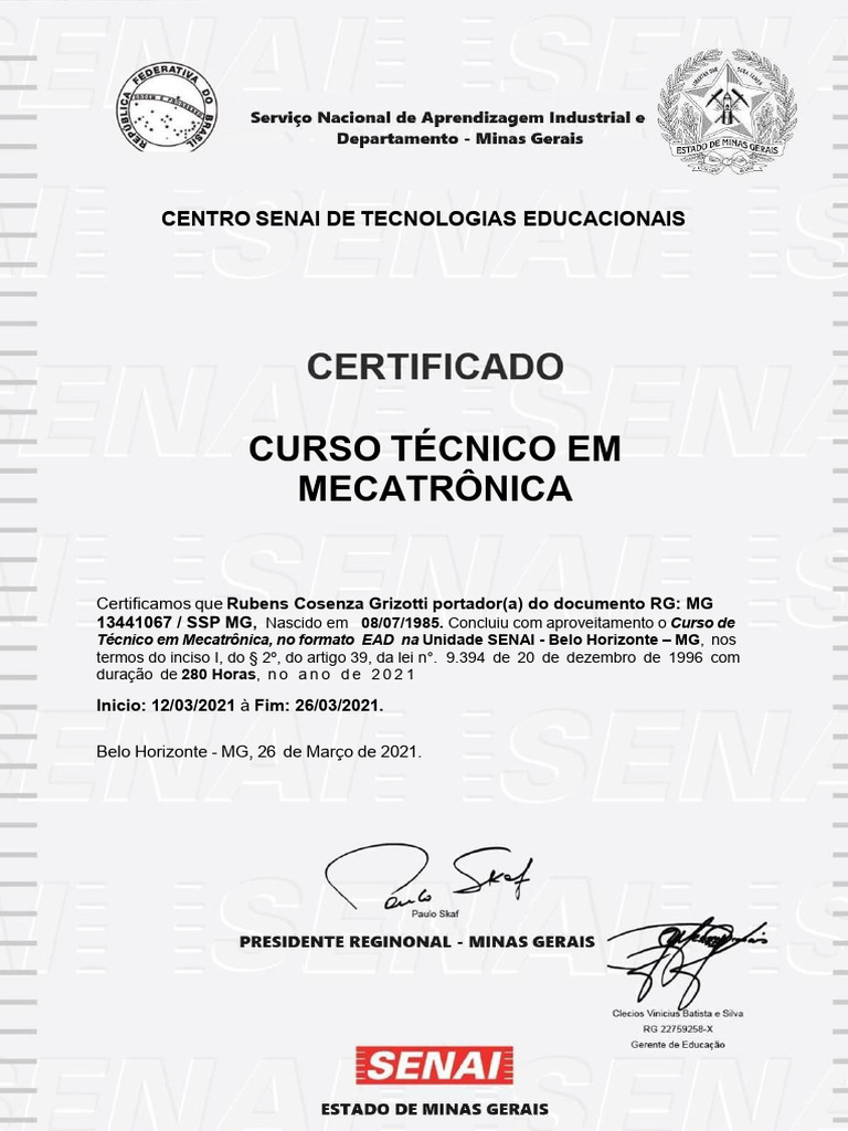 Certificado Senai - Atualizado PDF | PDF | Computadores | Tecnologia e Engenharia