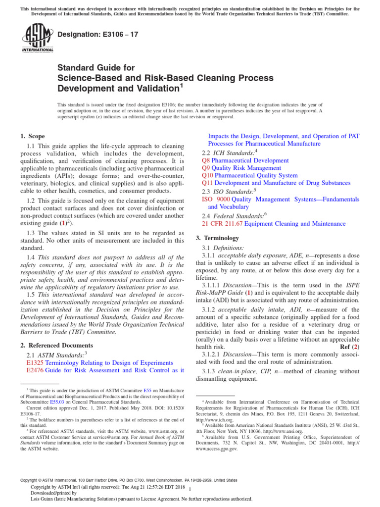 ASTM E3106-17 Science-Based and Risk Based Cleaning Process Development ...