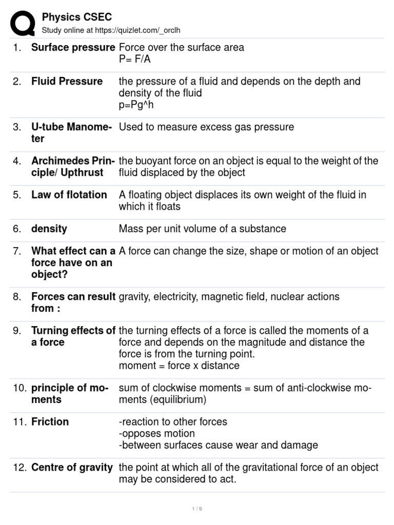 Physics CSEC Quizlet Notes | PDF | Buoyancy | Force