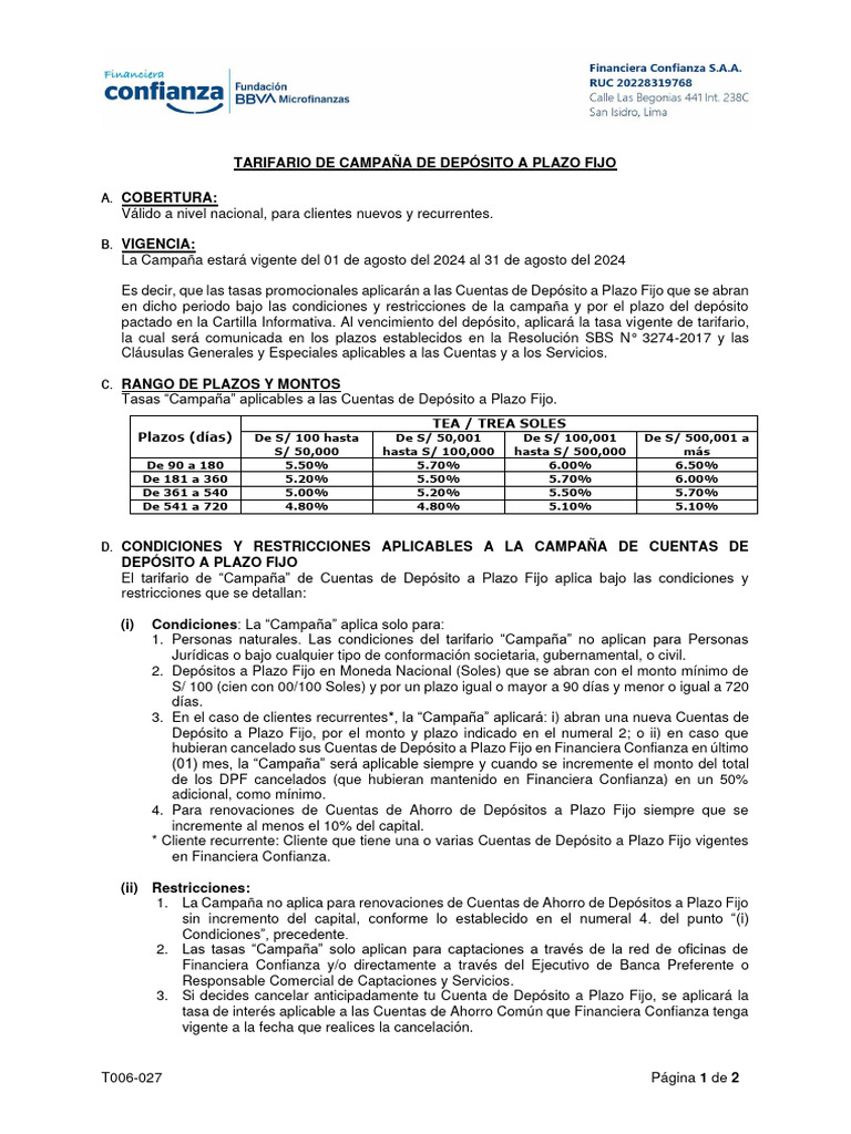 T006-027 Tarifario Campania - DPF | PDF | Cuenta de depósito | Bancos
