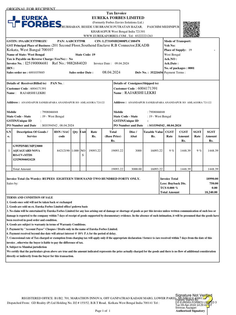 Tax Invoice Eureka Forbes Limited: Original For Recipient | PDF ...