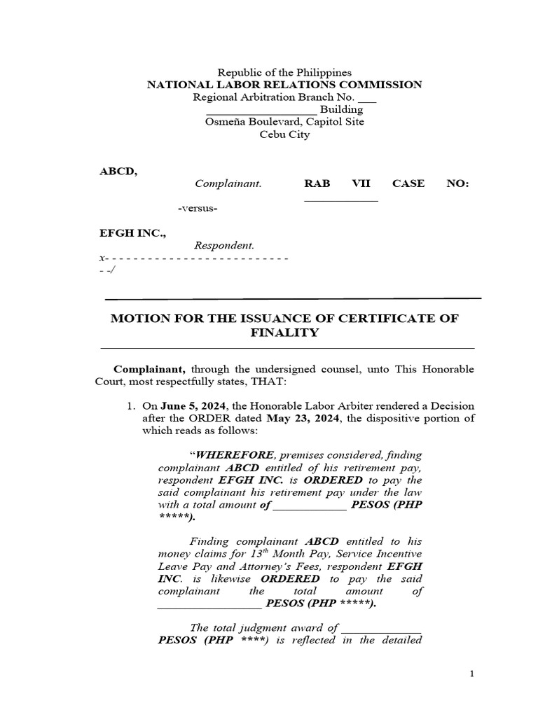 Sample Motion For Issuance of Certificate of Finality | PDF | Common ...
