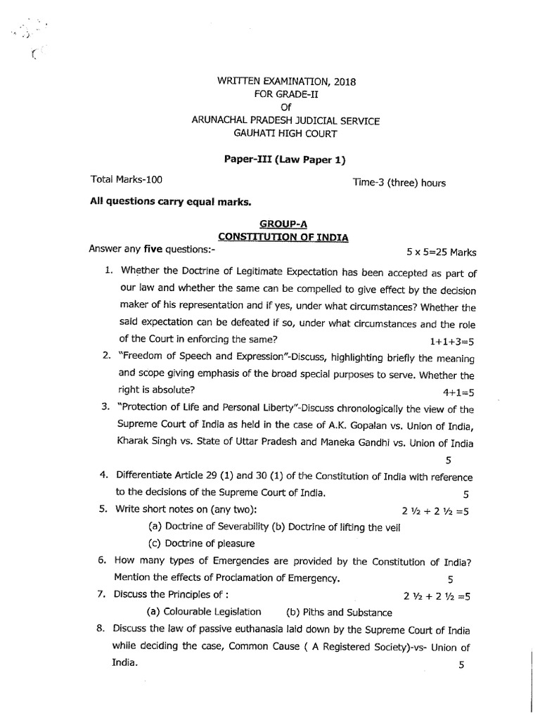 Arunachal Pradesh Judicial Service Paper 2018 Grade- 2 (Paper- 3) | PDF