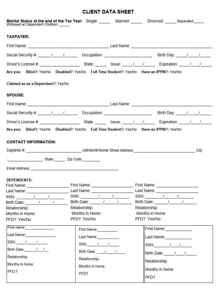 Client Data Sheet (2) | PDF | Social Security Number | Irs Tax Forms