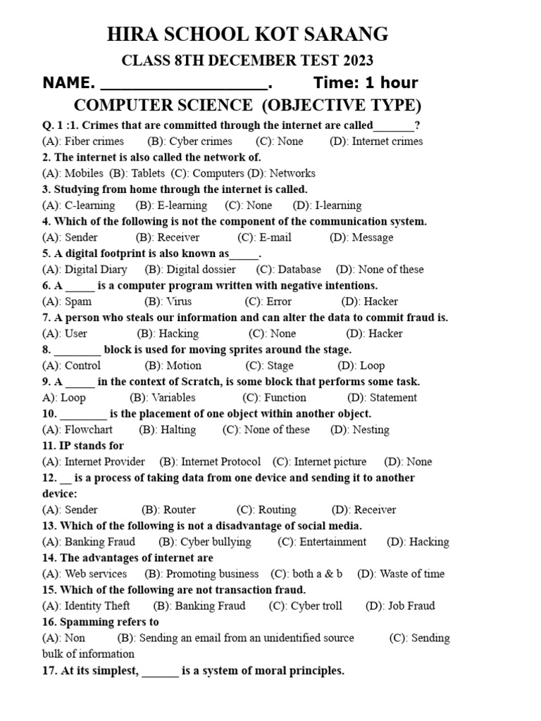 Class 8th Computer December | PDF | Computer Network | Network Topology