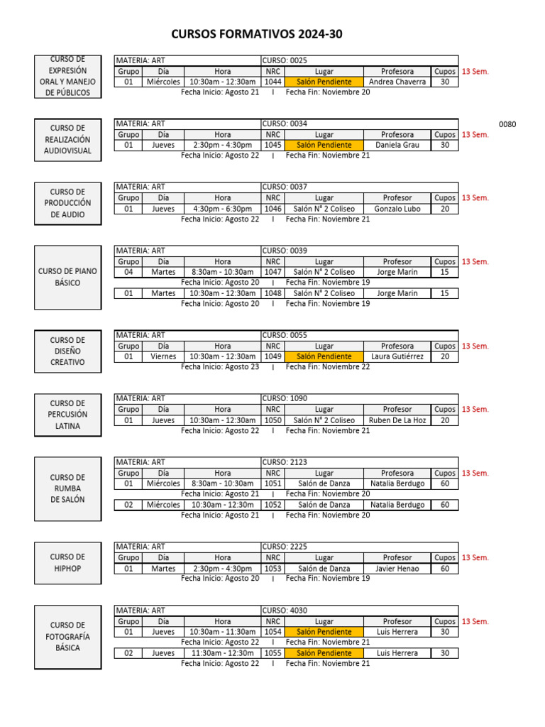 Programación 2024-30 -Cursos | PDF