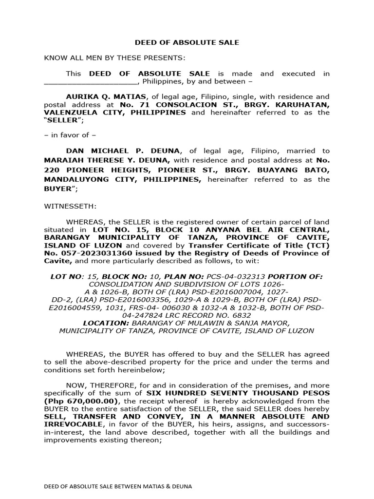 Deed of Absolute Sale | PDF | Deed | Law And Economics