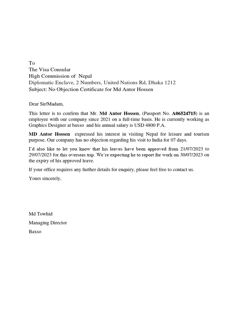 NOC for Md Antor's Nepal Visit | PDF | Career & Growth | Finance ...
