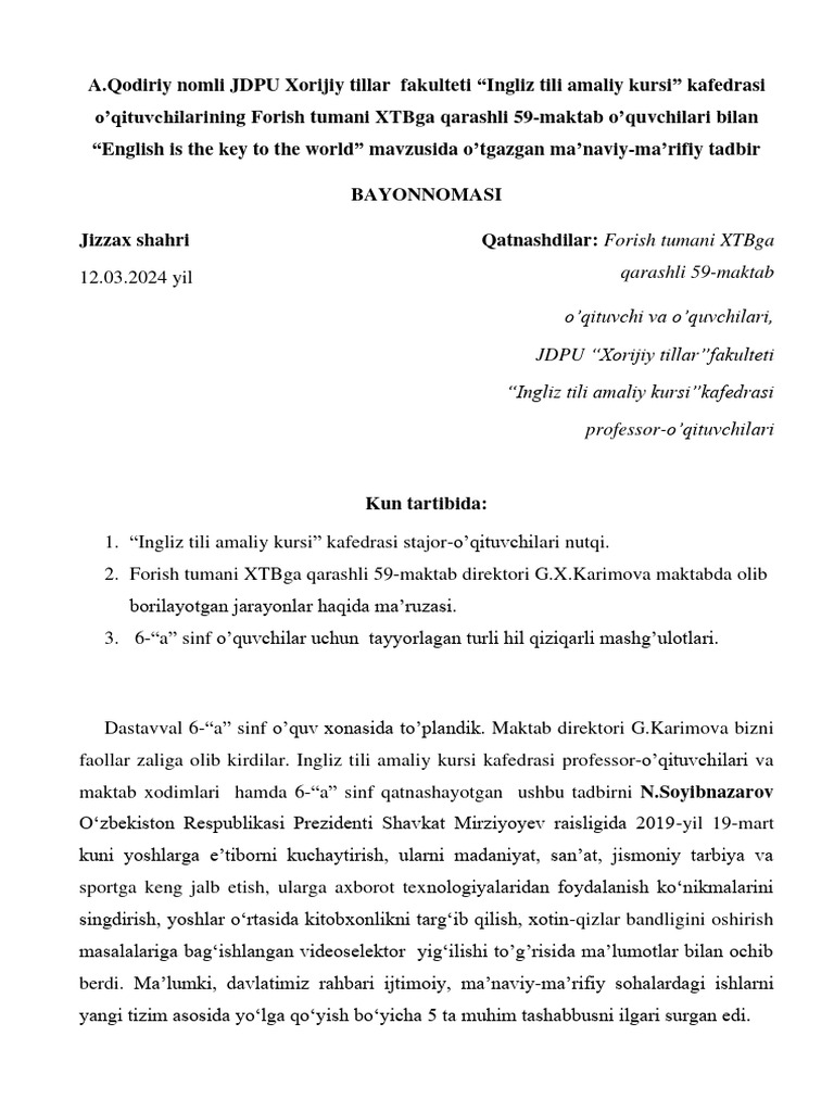 Qarashli 59-Maktab O'qituvchi Va O'quvchilari, JDPU "Xorijiy Tillar ...