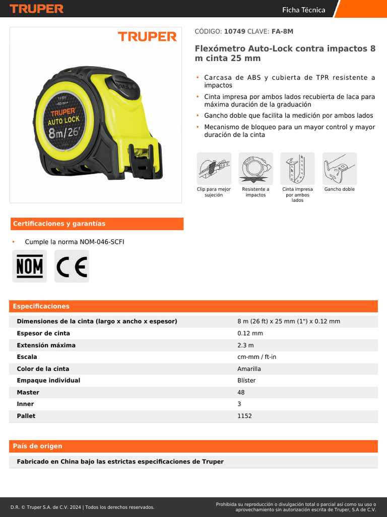 Ficha Técnica Flexómetro 8m 25mm | PDF