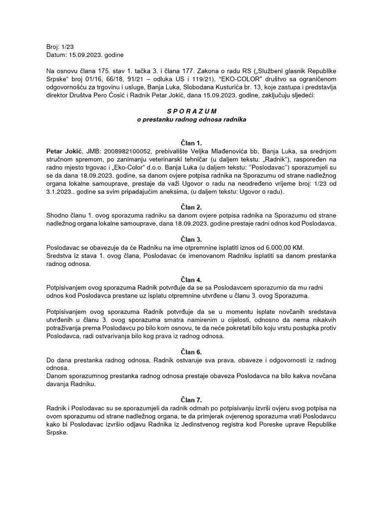 Sporazum o prestanku radnog odnosa(1) | PDF