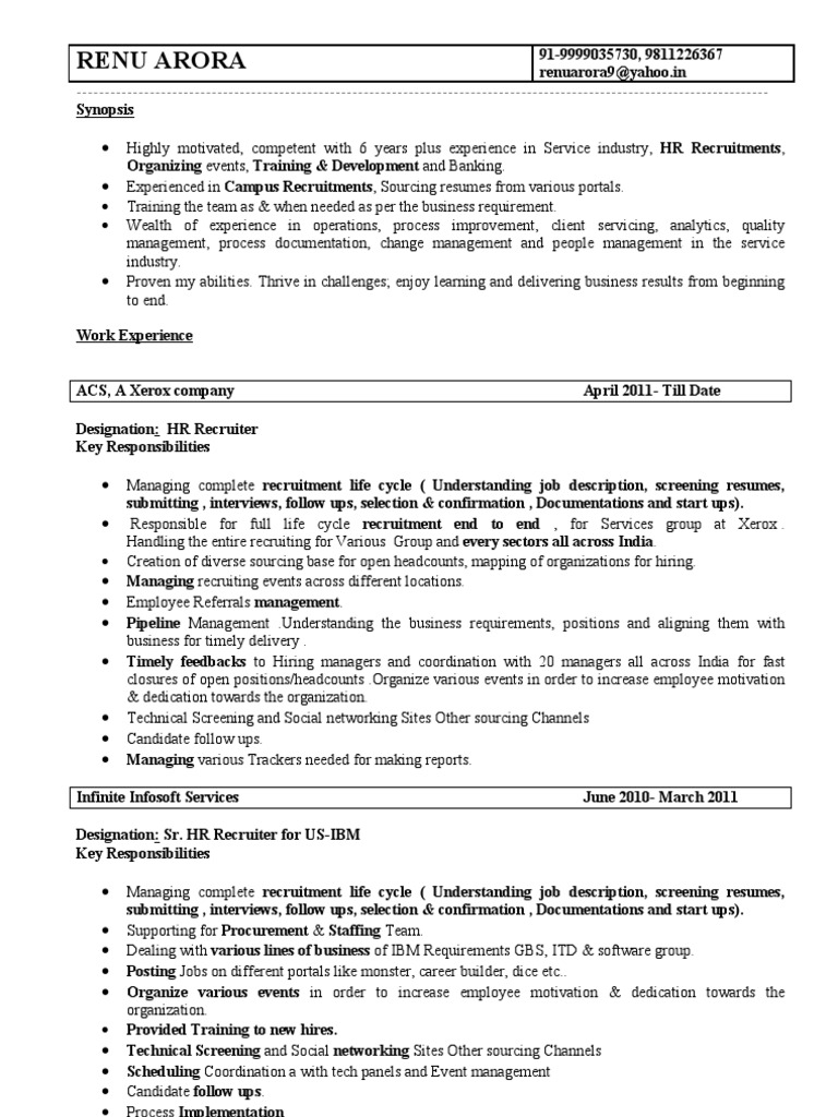 Renu Arora - Resume | PDF | Recruitment | Business Process