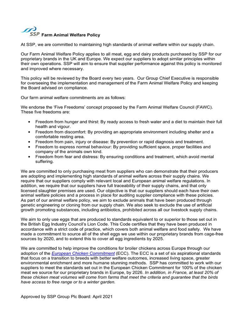 Farm Animal Welfare Policy | PDF | Animal Welfare | Supply Chain